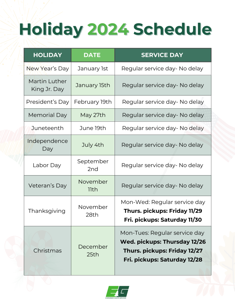 Holiday Schedule – Evergreen Waste Services